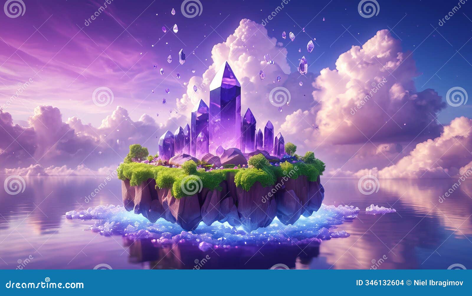 Floating Island with Purple Crystals and Lush Greenery in a Dreamy Sky ...