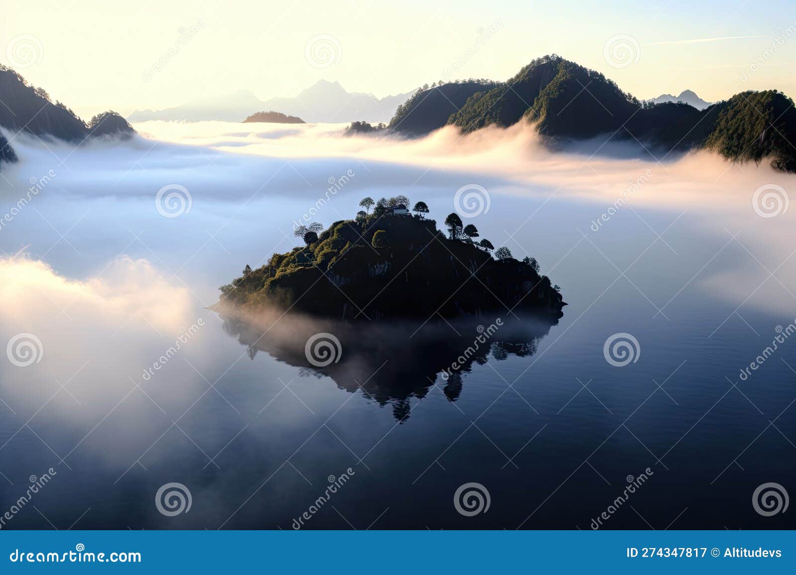 Floating Island Surrounded by Mist, with Mountains in the Distance ...