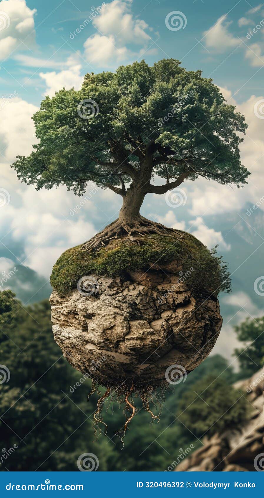 Floating Island with Tree in a Serene Sky Stock Photo - Image of ...