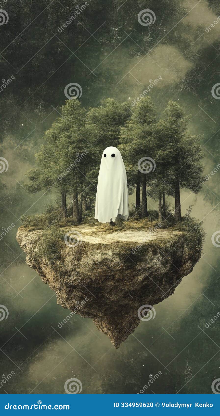 Floating Island with Trees and Ghost in Surreal Landscape Stock Photo ...