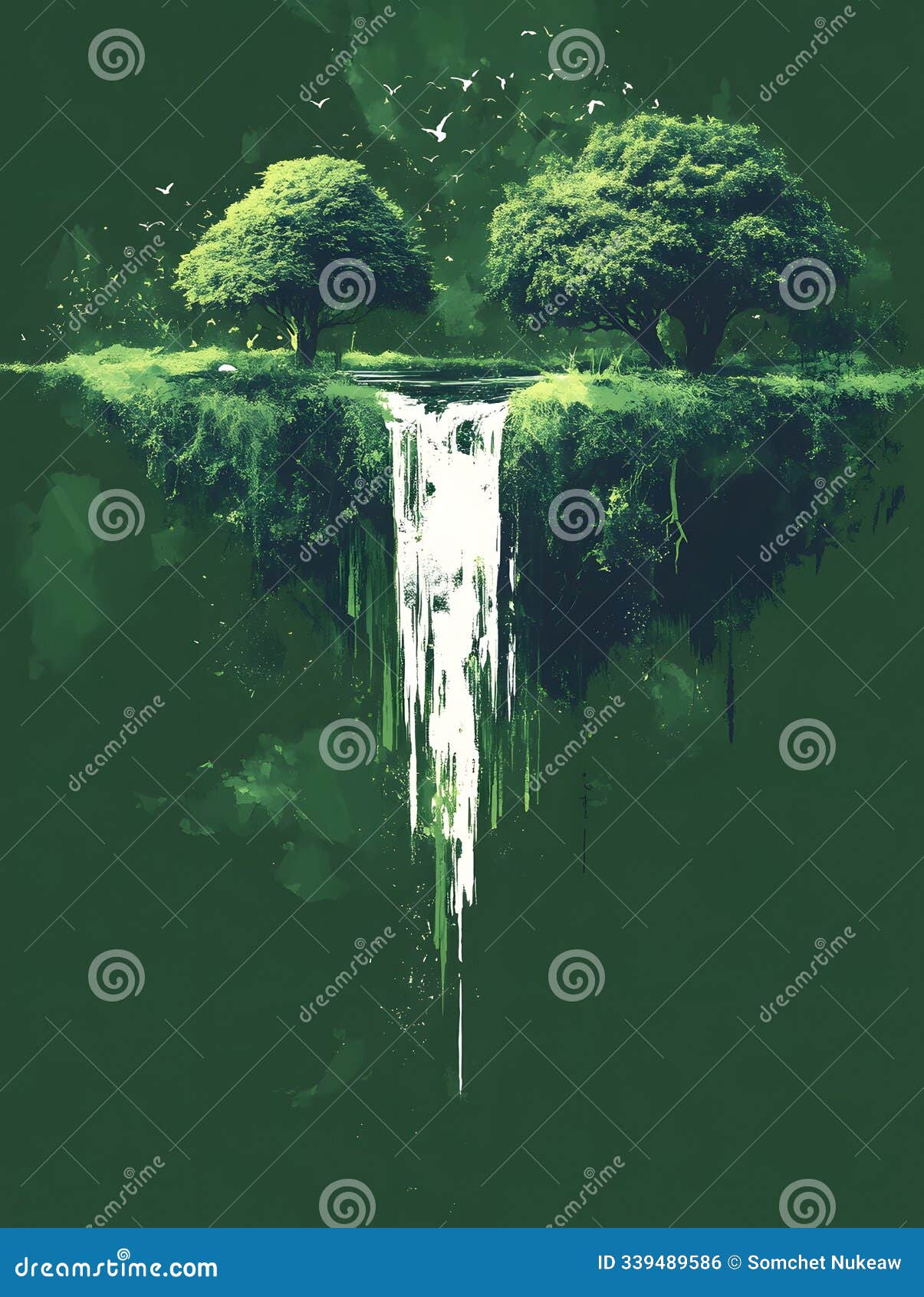 Floating Island with Trees and Waterfall, Green Abstract Art Stock ...