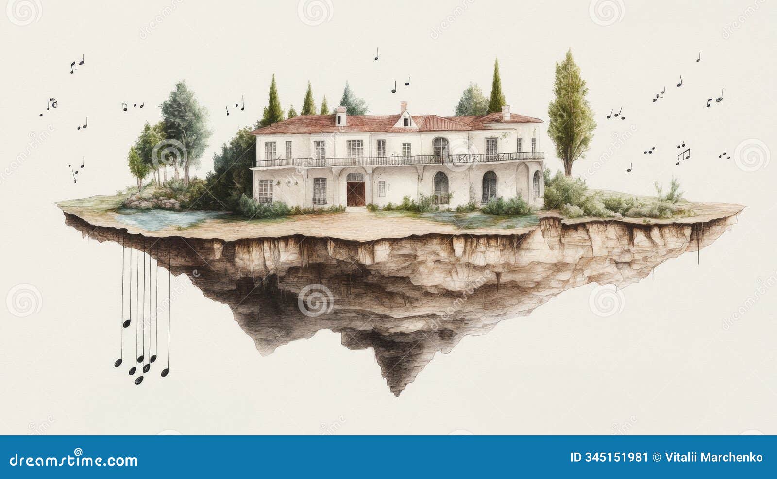 Floating Island Villa with Musical Notes and Lush Greenery Stock ...