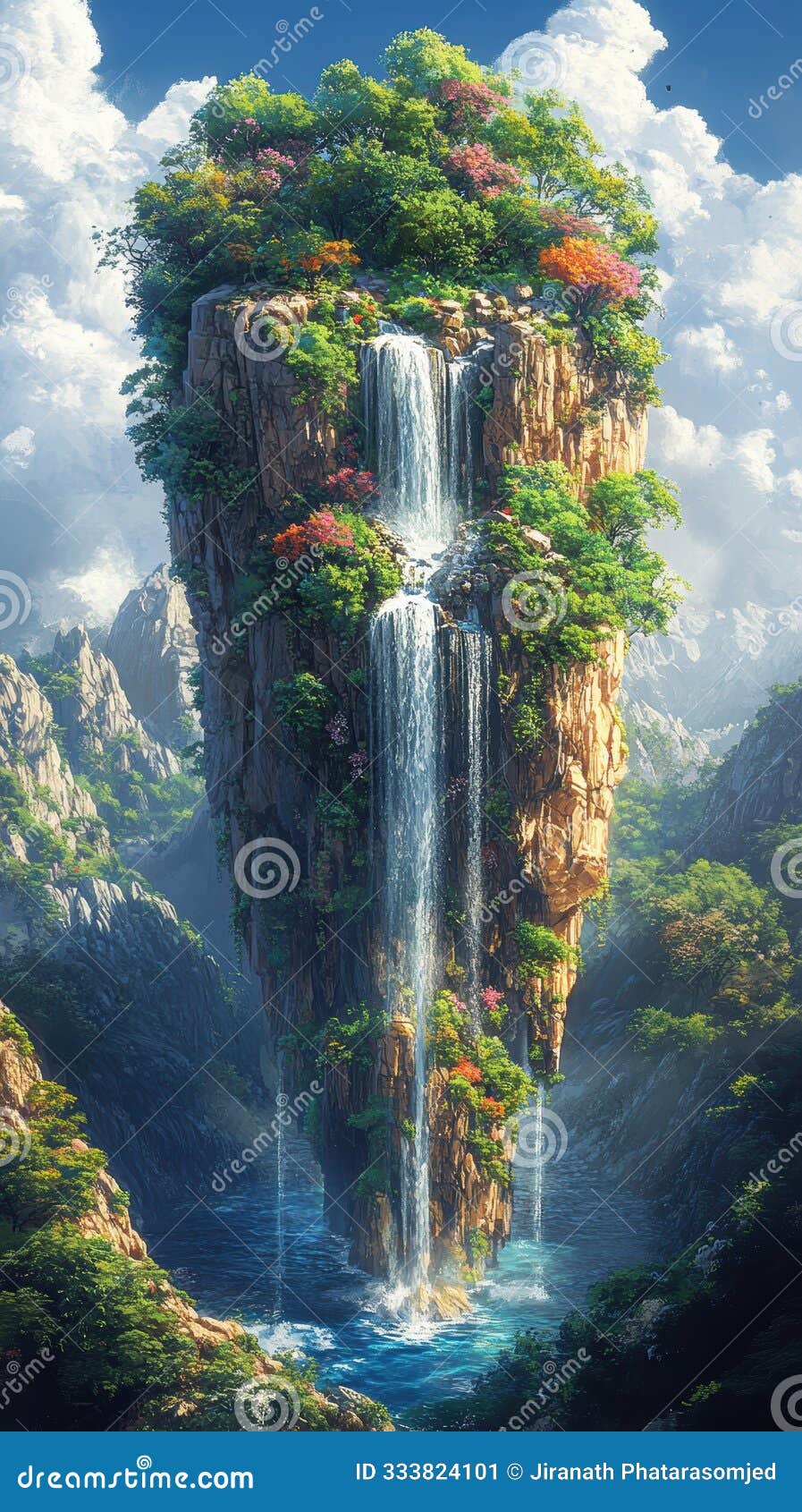 Floating Island with Waterfall Stock Illustration - Illustration of ...