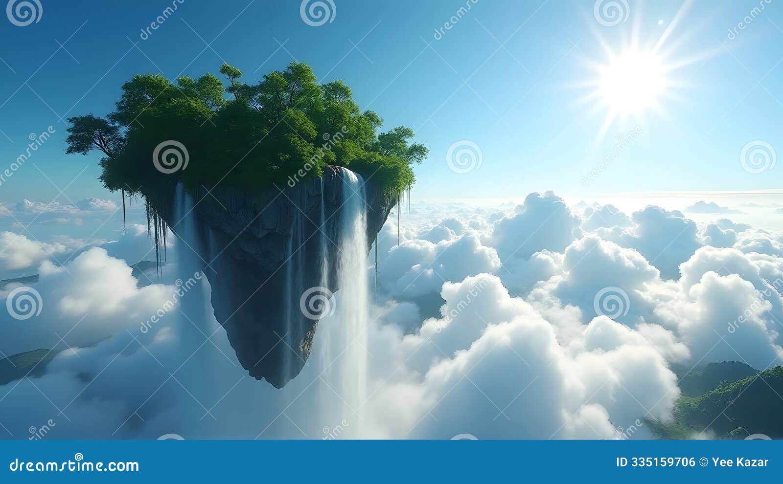Floating Island with Waterfall in the Clouds Stock Photo - Image of ...