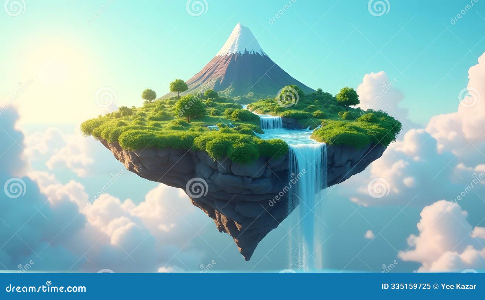 Floating Island with Waterfall and Mountain Peak Stock Image - Image of ...