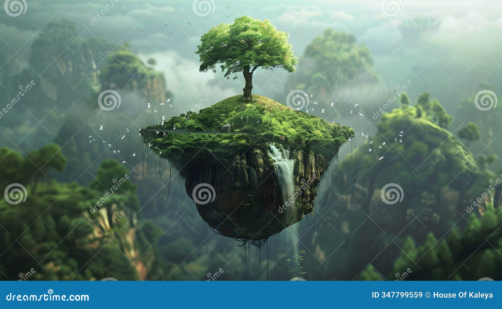 Floating Island with Waterfall and Tree Illustration Stock Illustration ...