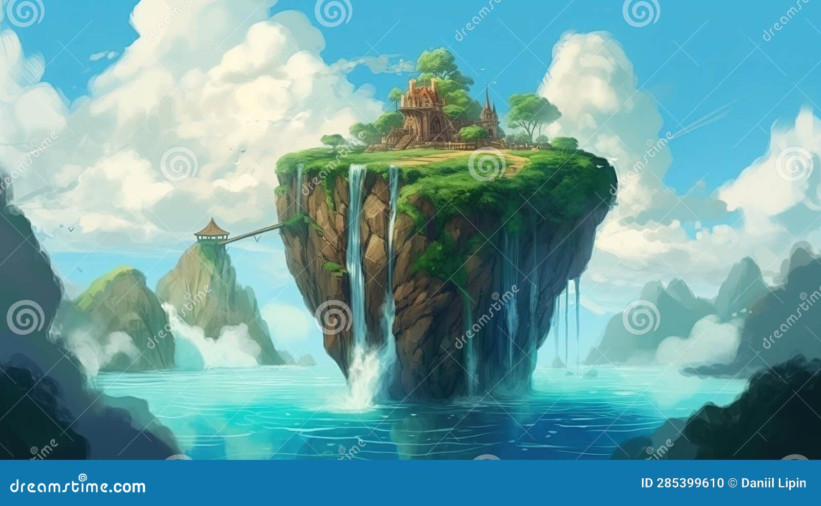 A Floating Island with Waterfalls Stock Illustration - Illustration of ...