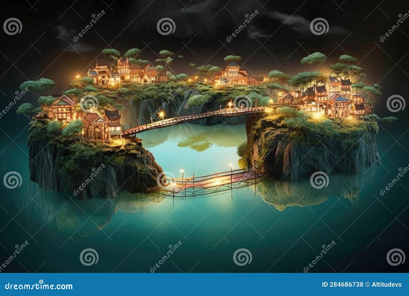 Floating Islands Connected by Glowing Bridges Stock Illustration ...