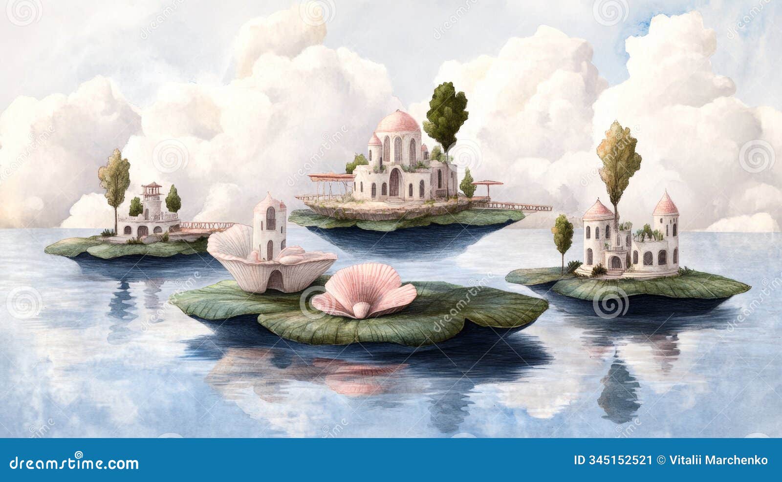 Floating Islands with Shell Structures in Serene Watercolor Landscape ...