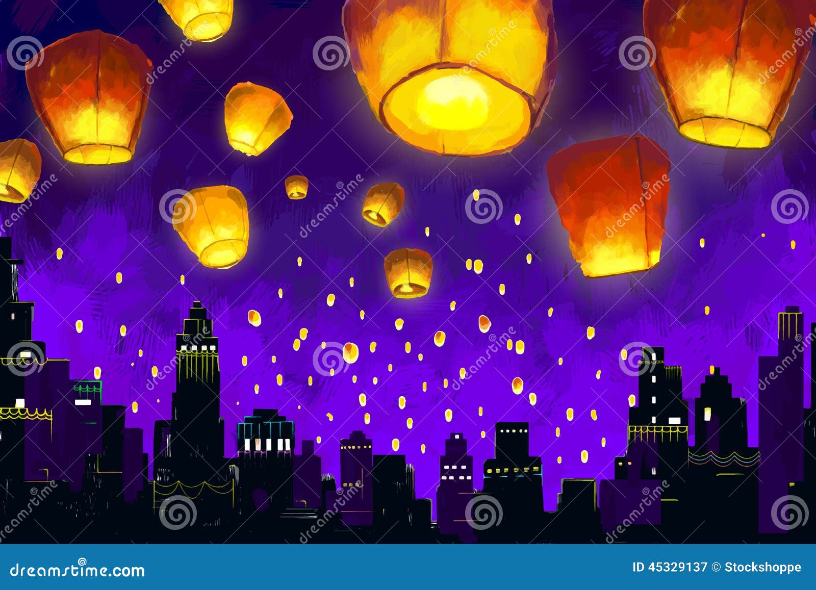 Floating Lantern In Night Sky Cartoon Vector | CartoonDealer.com #45329157