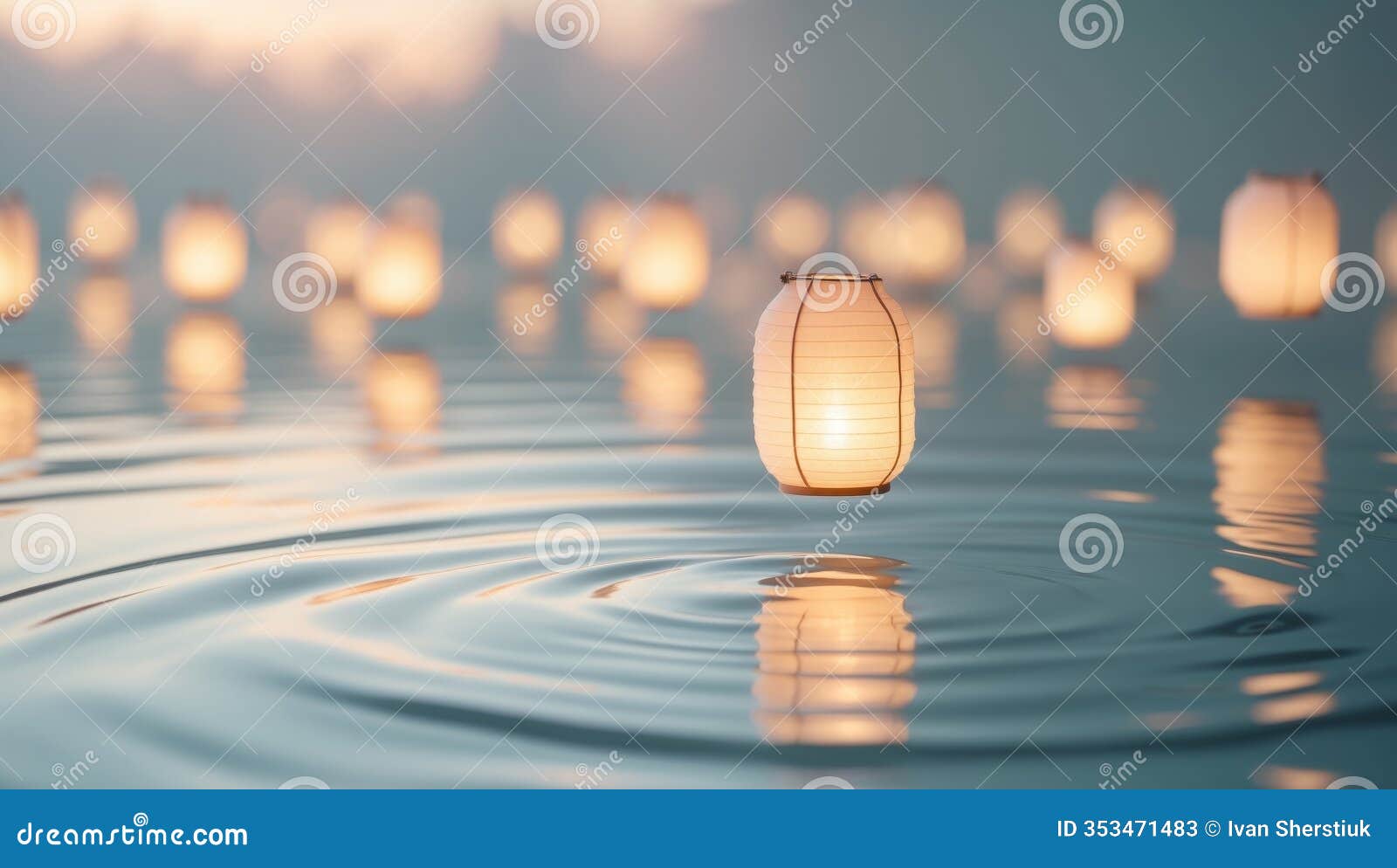 Floating Lanterns Illuminating Calm Water Surface. Stock Image - Image ...