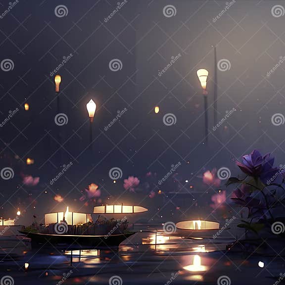 Floating Lanterns in the Night, 3d Rendering. Computer Digital Drawing ...
