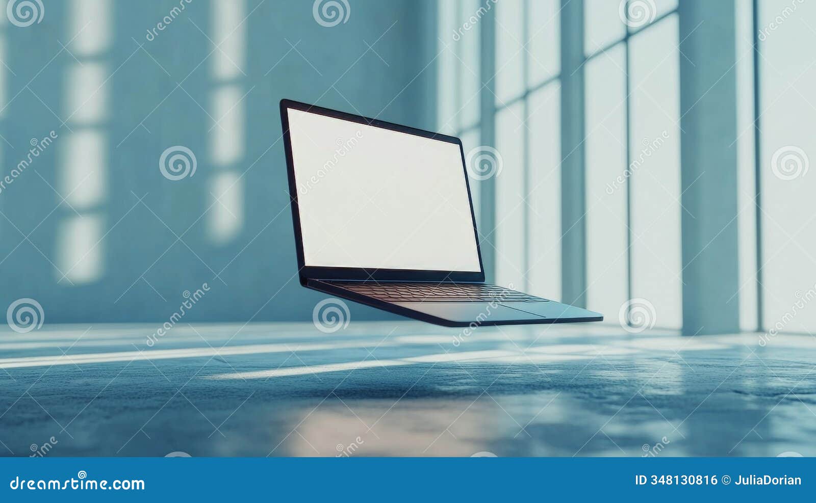 Floating Laptop with Blank Screen, Modern Office Background. Technology ...