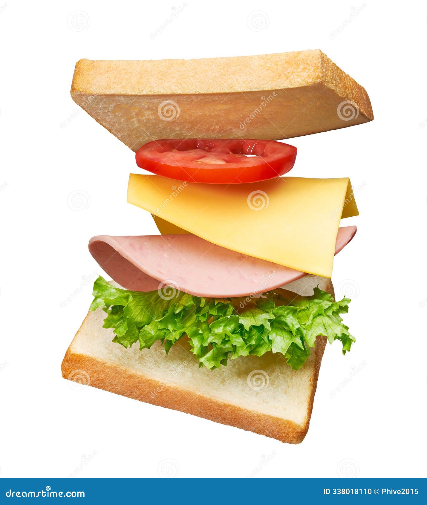 Floating Layered Sandwich with Bread, Tomatoes, Cheese, Ham and Lettuce ...