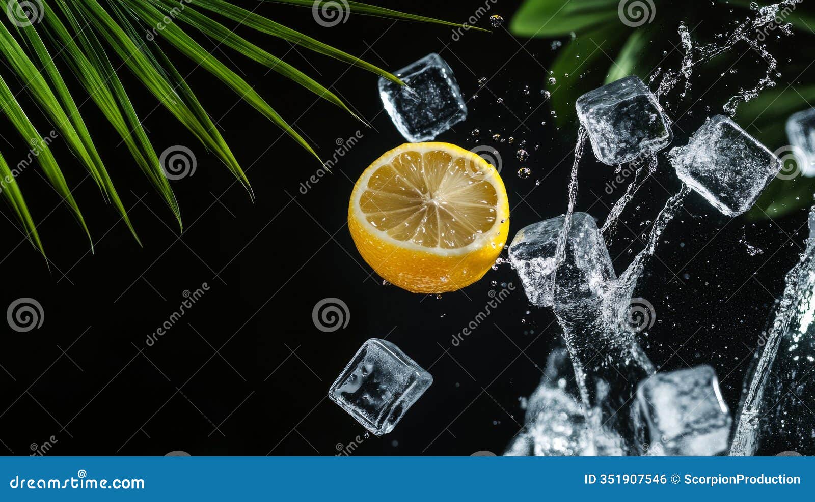 Floating Lemon with Ice Cubes and Splash on Dark Background Stock Photo ...