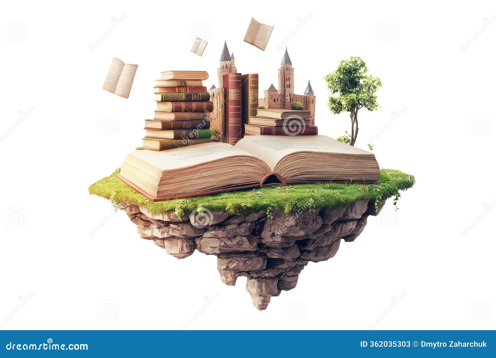 Floating Library Island with Floating Books and Enchanted Scrolls, Set ...