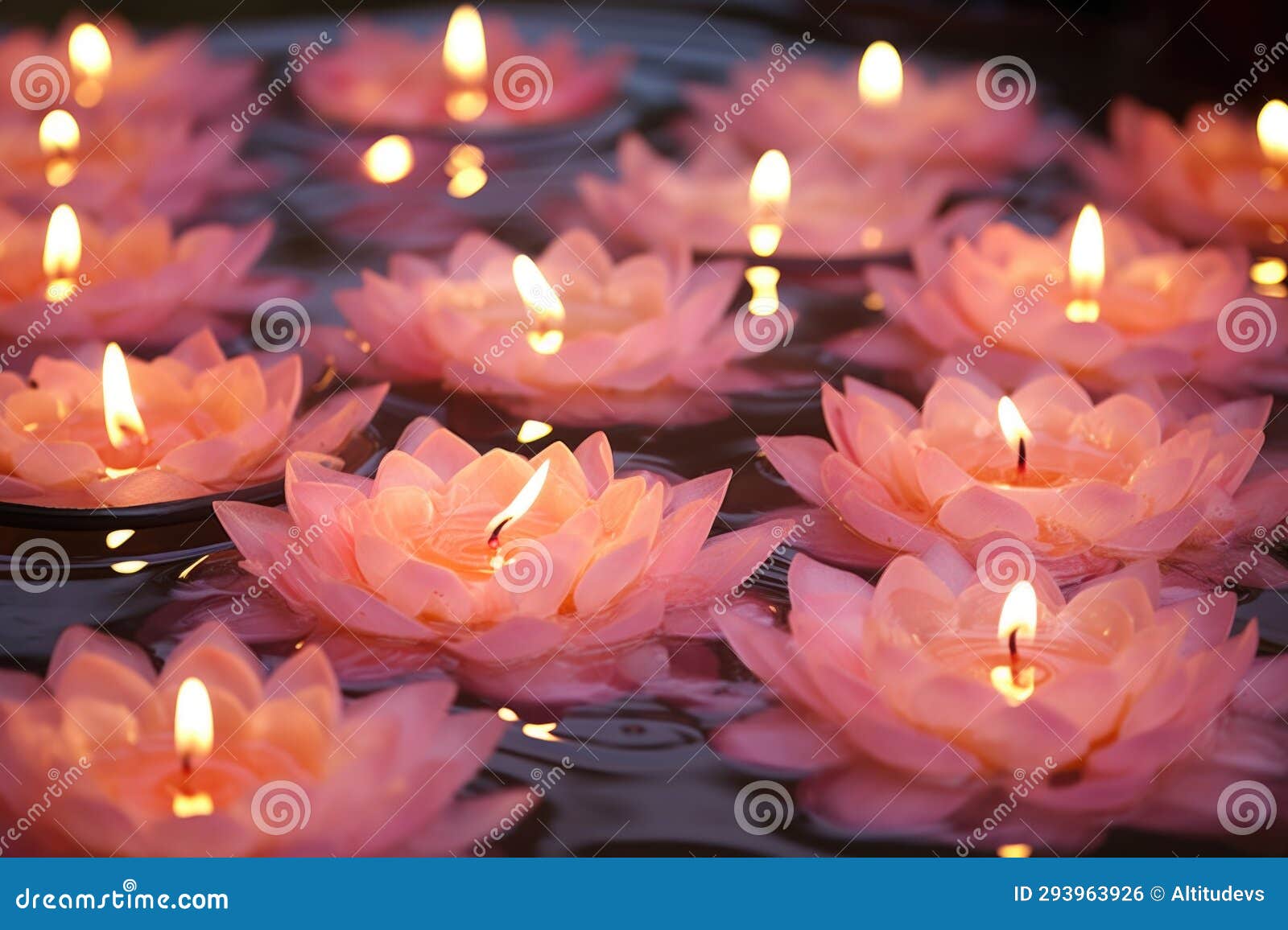 Floating Lotus Flower On Water. Festival Paper Lanterns At Night. Close ...