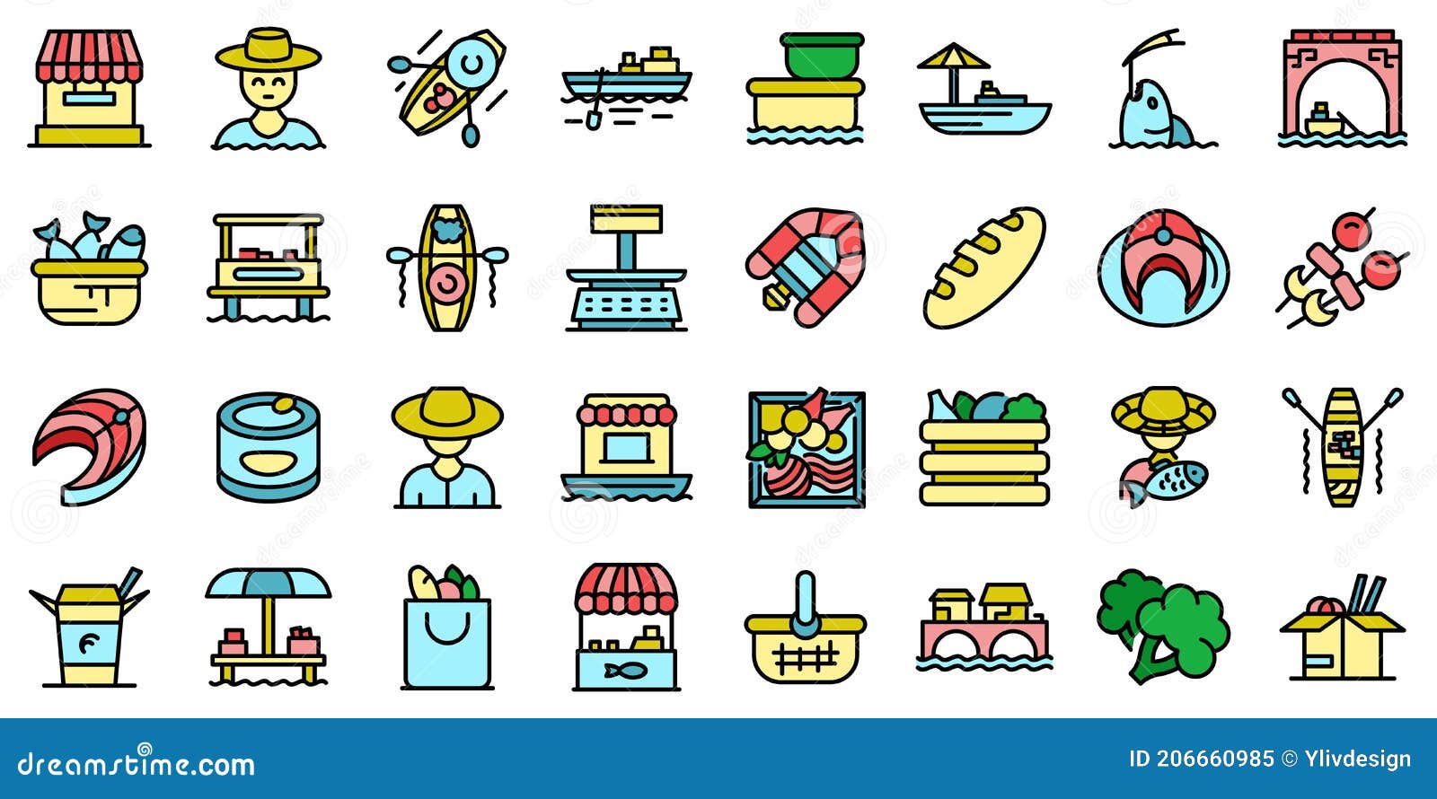 Floating Market Icons Set Vector Flat Stock Illustration - Illustration ...