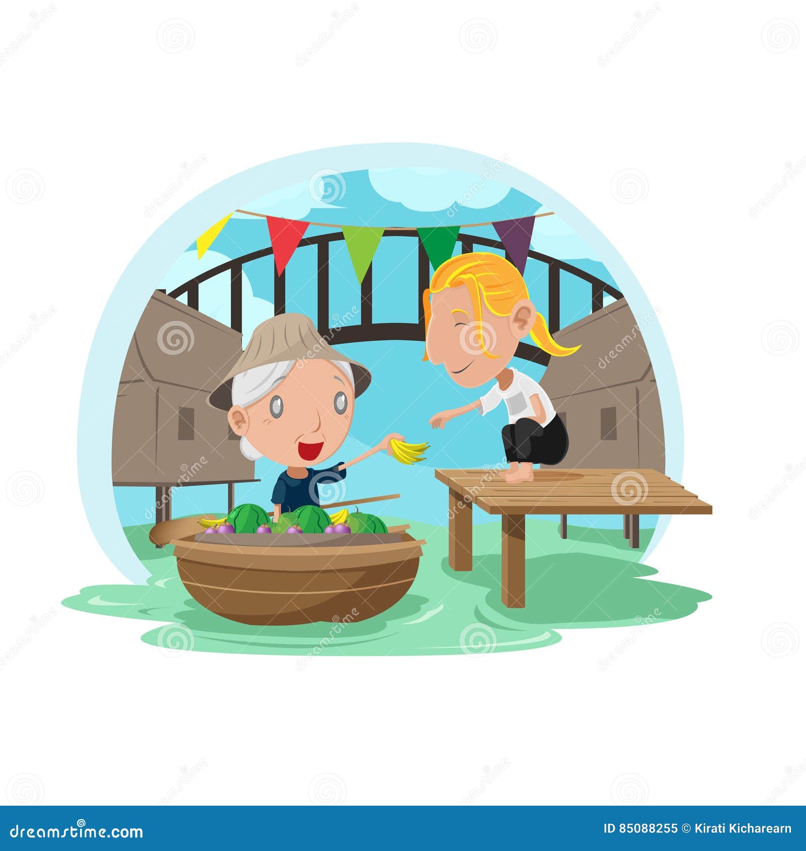 Floating Market In Thailand Cartoon Banners. Saleswoman Character In ...