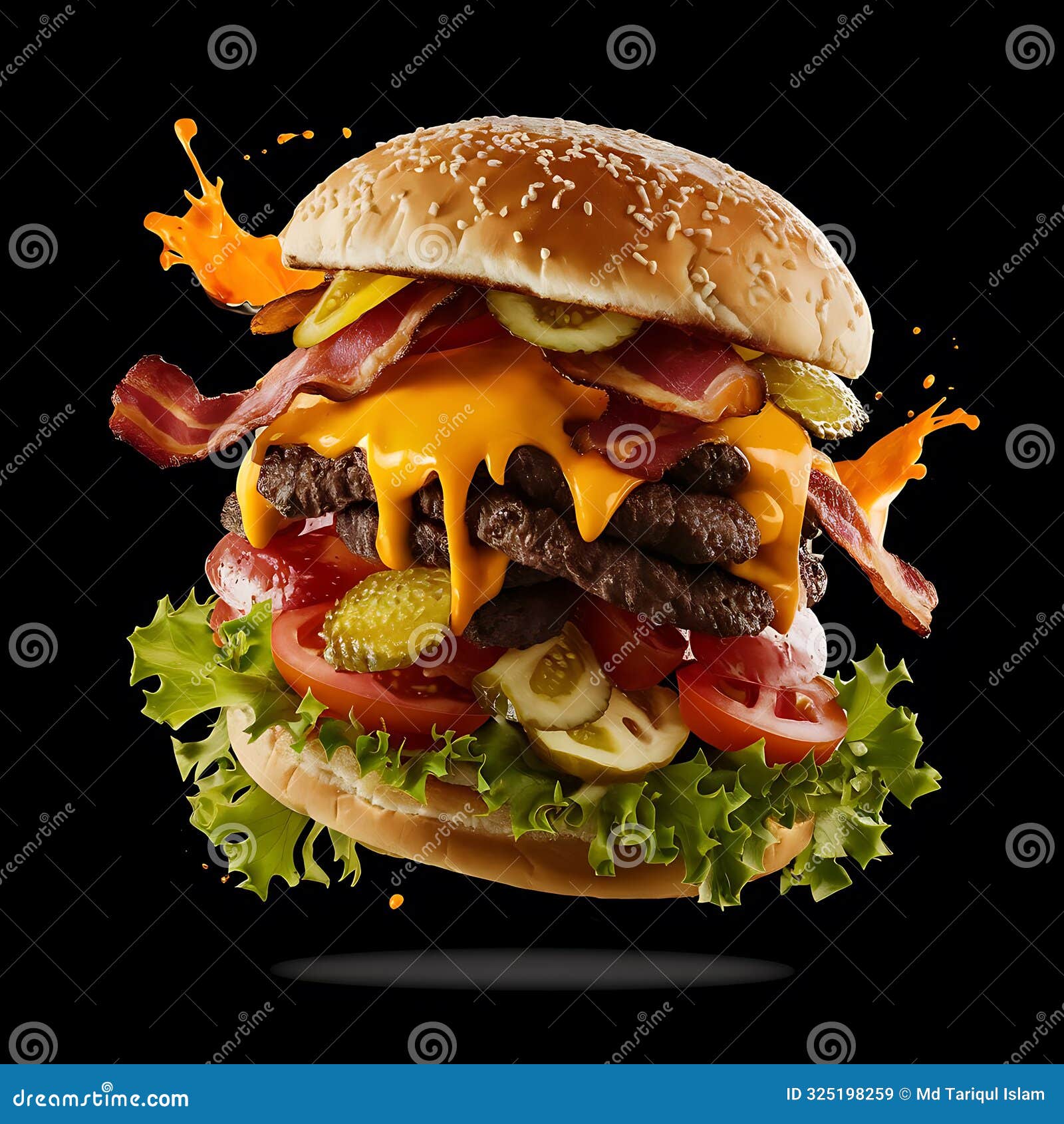 Floating Melted Cheese Splashing Burger Featuring Layers of Premium ...