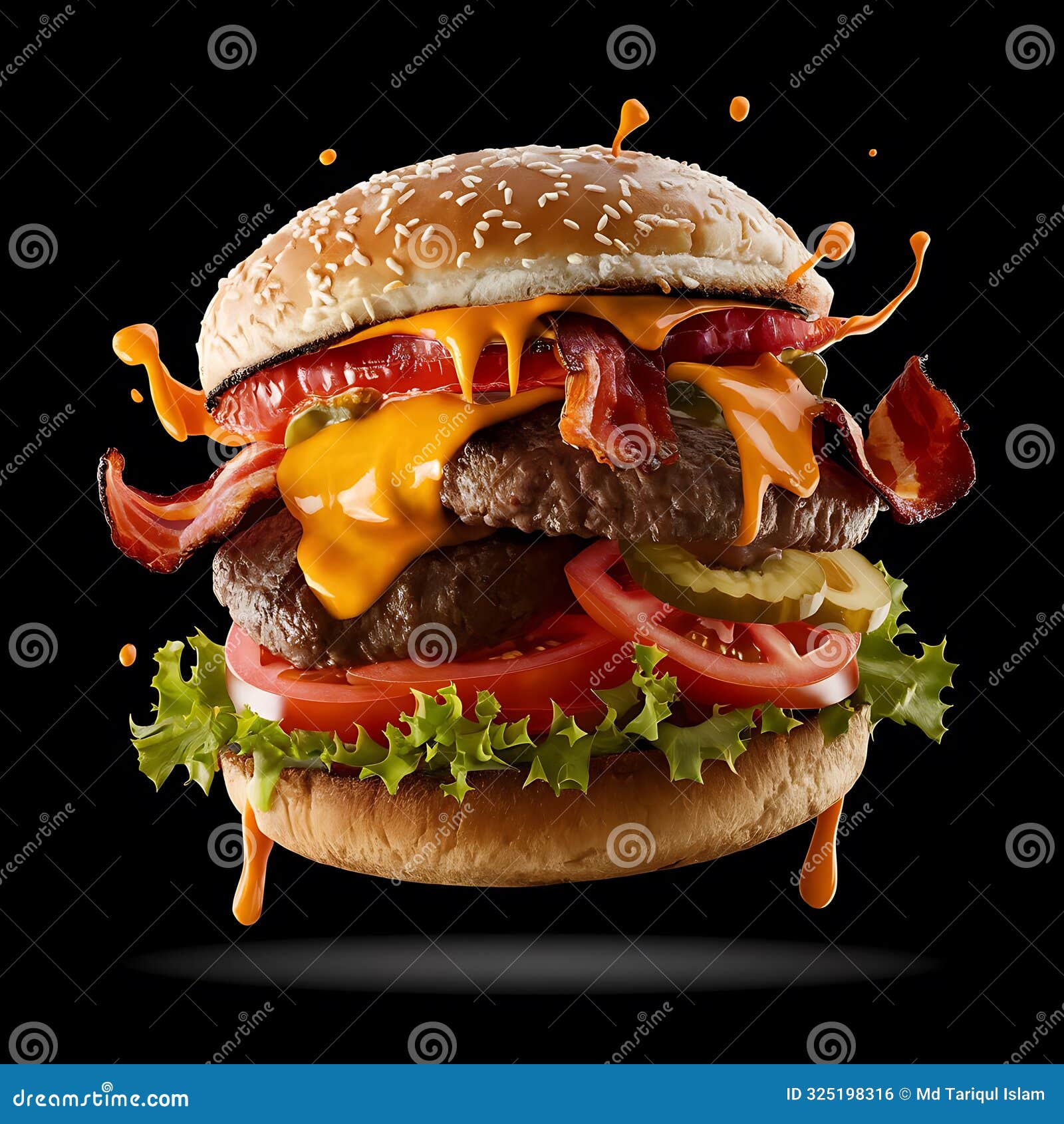 Floating Melted Cheese Splashing Burger Featuring Layers of Premium ...