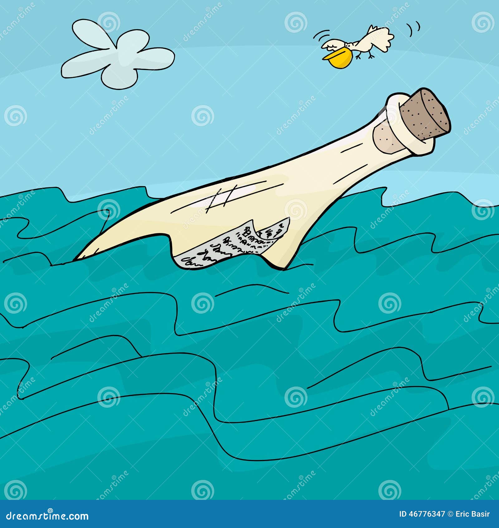 Floating Message in Bottle stock vector. Illustration of clouds - 46776347