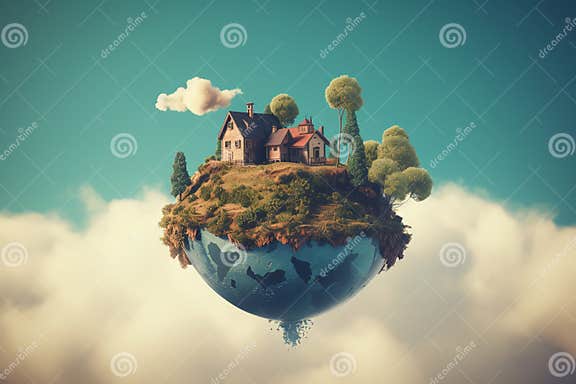 A Floating Mini World, the Bottom Half is Planet Earth, the Top Half is a Tiny House with Tiny ...