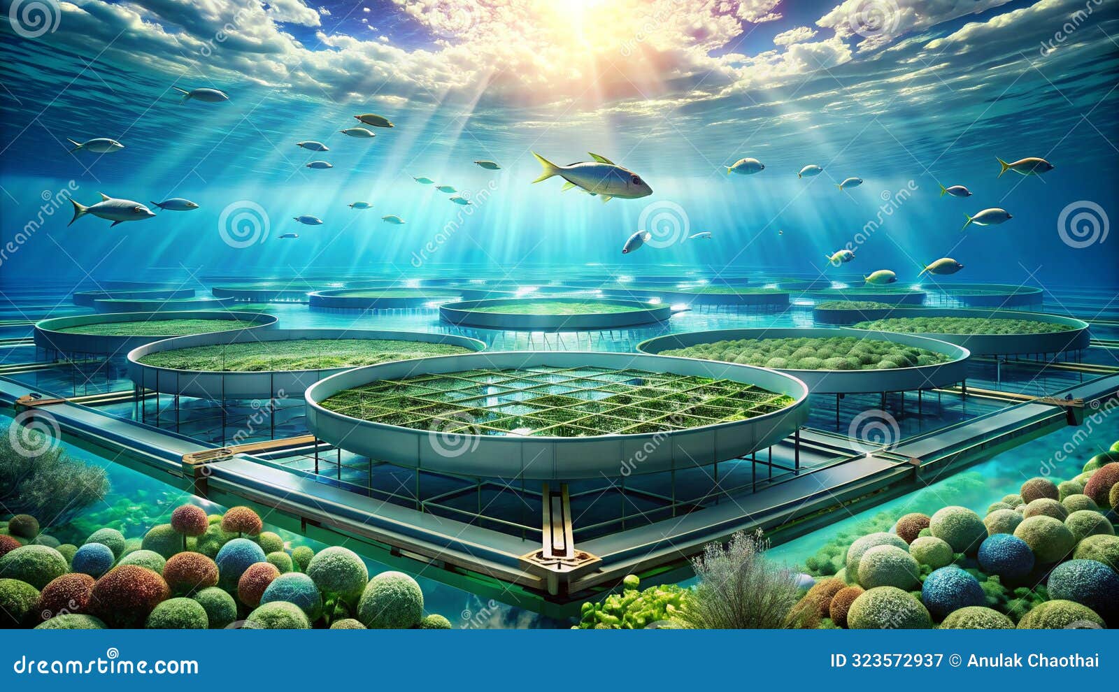 Floating Ocean Algae and Fish Farm Digital Concept Render AI Generative ...