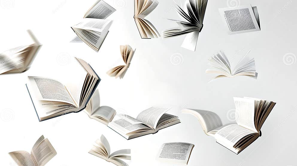 Floating Open Books on a White Background. Conceptual Image of ...