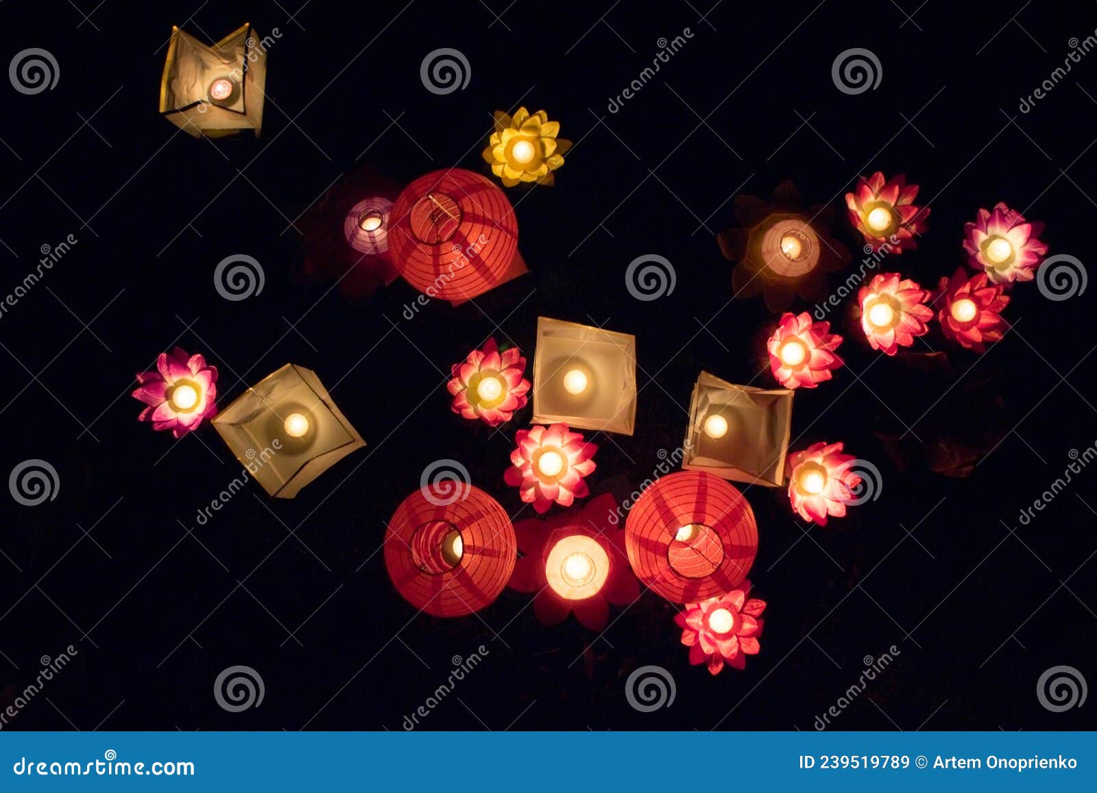 Floating Paper Lanterns on the Water at Night Stock Image - Image of ...