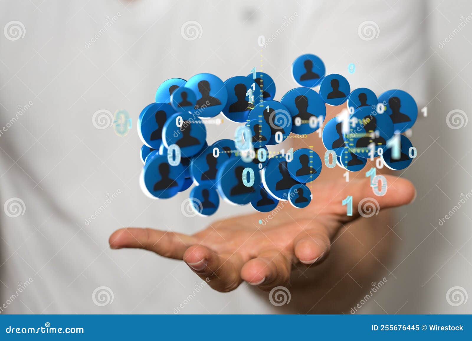 Floating People Icons and Binary Code Over a Hand - a Concept of Networking, HR, Communication ...