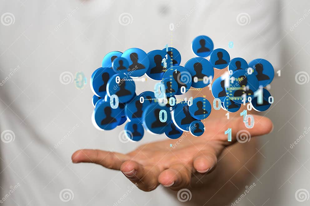 Floating People Icons and Binary Code Over a Hand - a Concept of Networking, HR, Communication ...