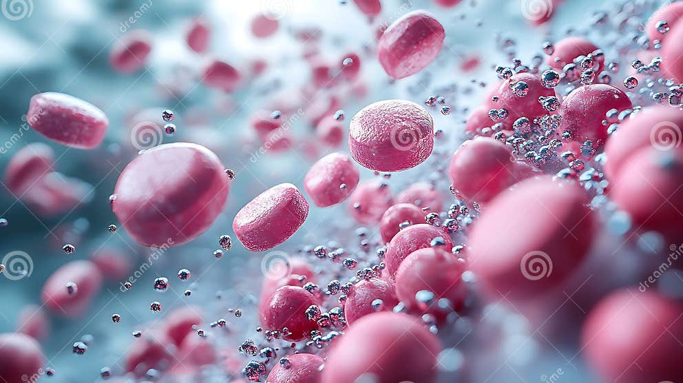 Floating Pink Pills Surrounded by Bubbles Create Dynamic Visual Effect ...
