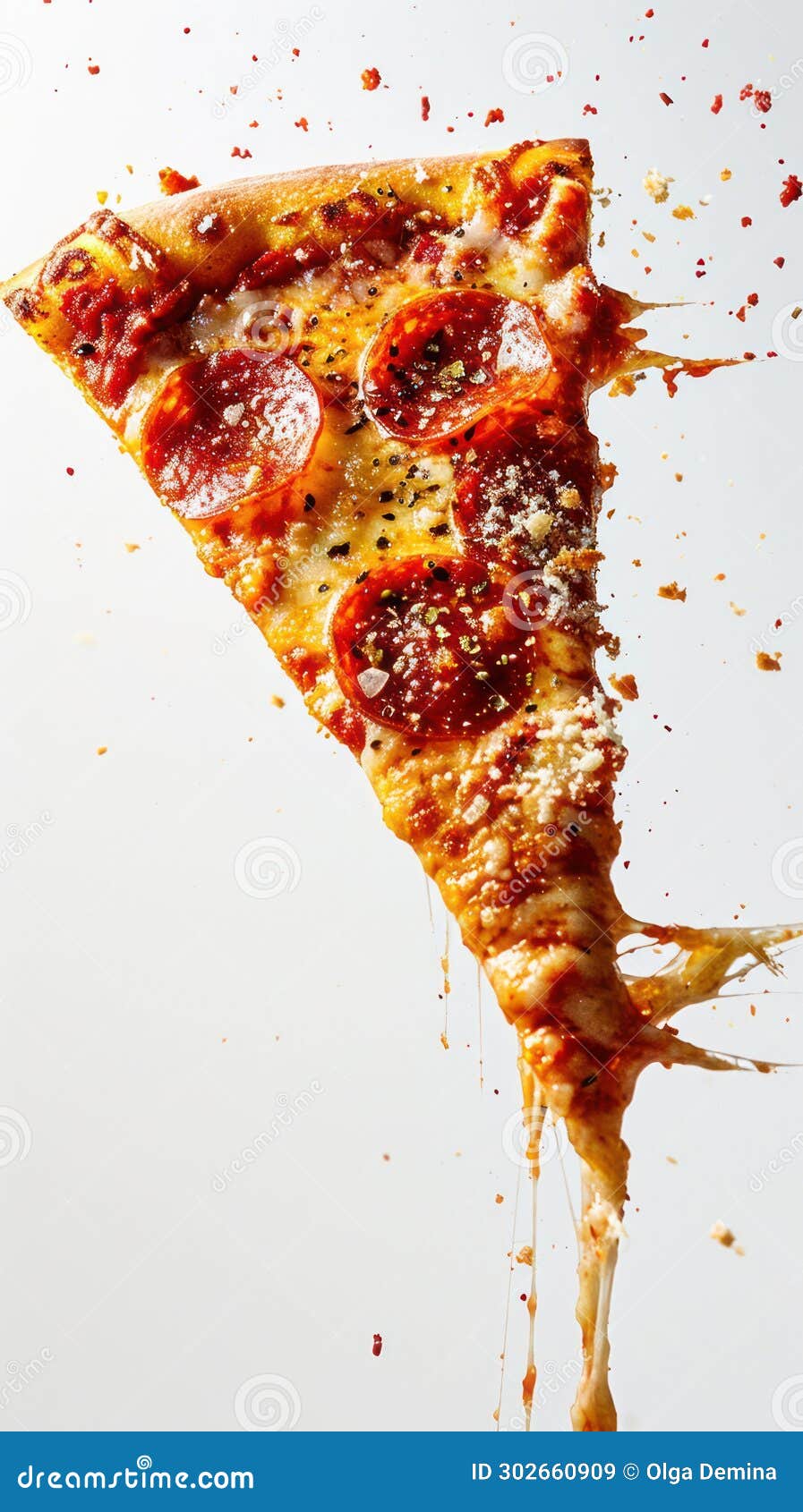 Floating Pizza Slice with Dynamic Cheese Pull and Pepperoni, Against a Stark White Background ...