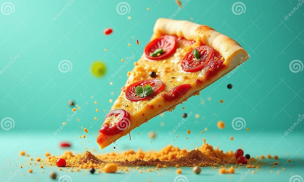 Floating Pizza Slice Exploding Ingredients Bright Colors Stock ...