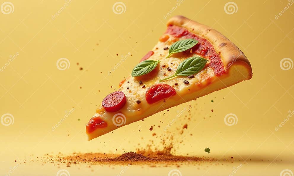 Floating Pizza Slice Exploding Ingredients Bright Colors Stock ...