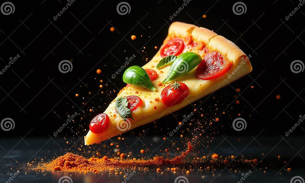 Floating Pizza Slice Exploding Ingredients Bright Colors Stock ...