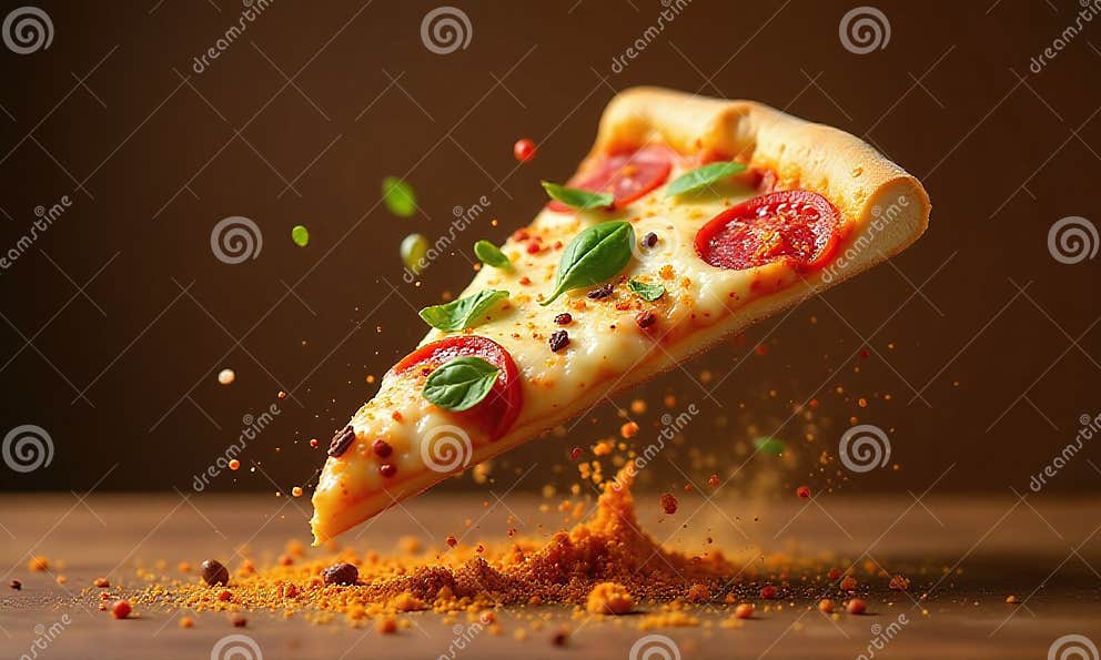 Floating Pizza Slice Exploding Ingredients Bright Colors Stock ...