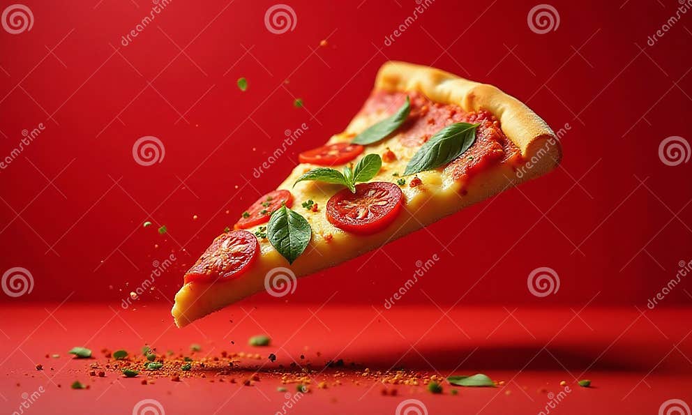 Floating Pizza Slice Exploding Ingredients Bright Colors Stock ...
