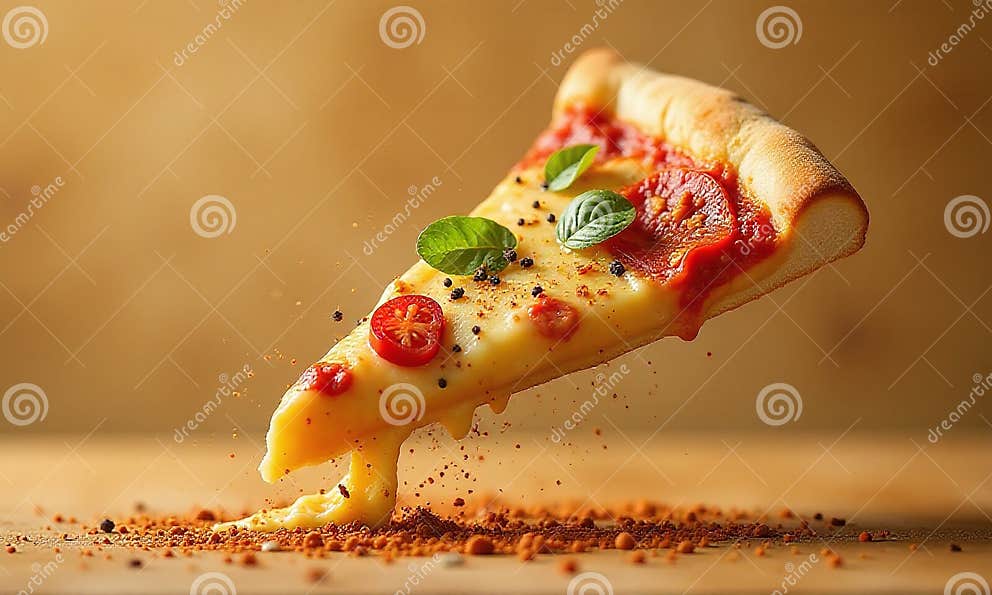 Floating Pizza Slice Exploding Ingredients Bright Colors Stock ...