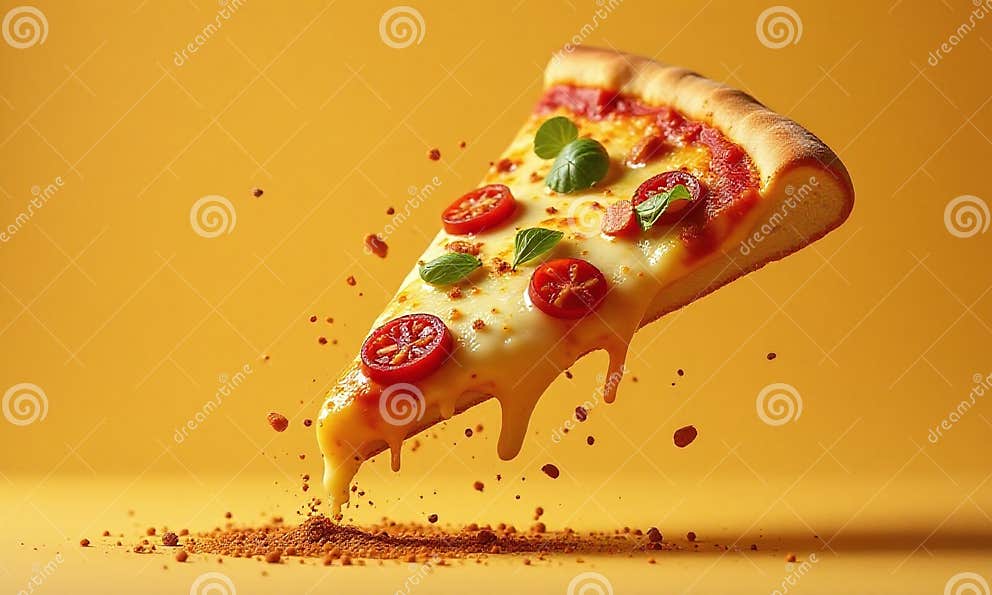 Floating Pizza Slice Exploding Ingredients Bright Colors Stock ...