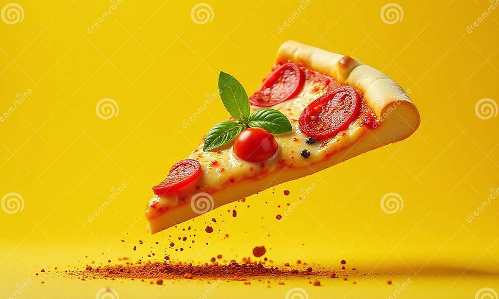 Floating Pizza Slice Exploding Ingredients Bright Colors Stock ...