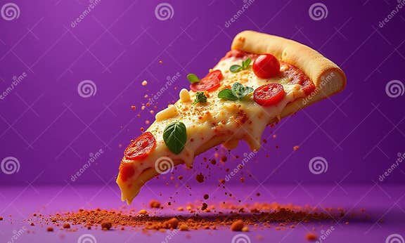 Floating Pizza Slice Exploding Ingredients Bright Colors Stock ...