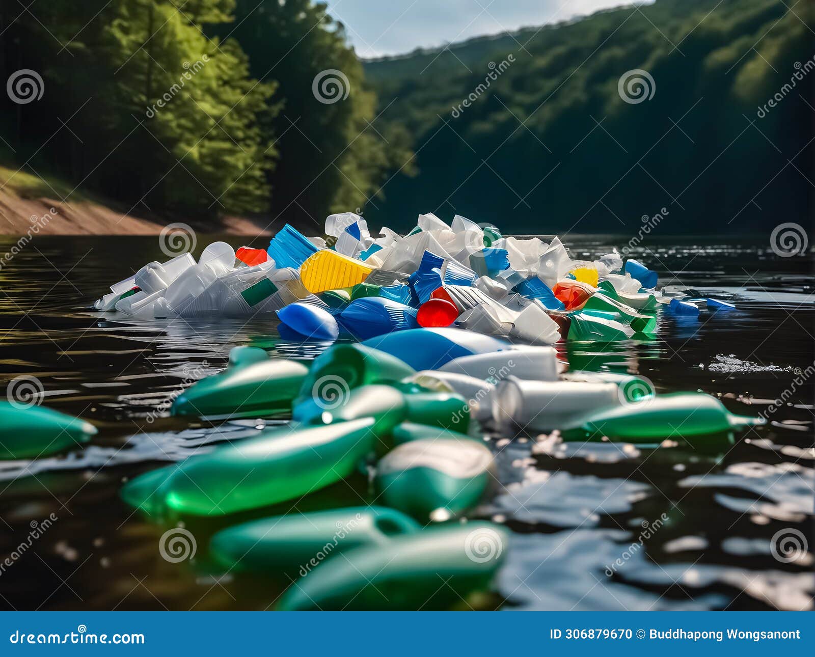 Floating Plastic Waste Mounds in the Middle of a Stream Stock ...
