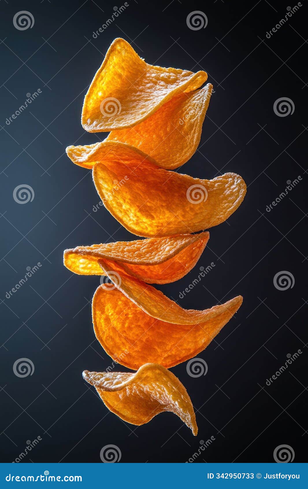 Floating Potato Chips Stacked Vertically Against a Dark Background ...