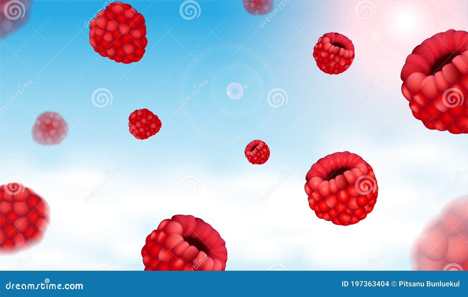 Floating Raspberries with Blue Sky Background Stock Vector ...