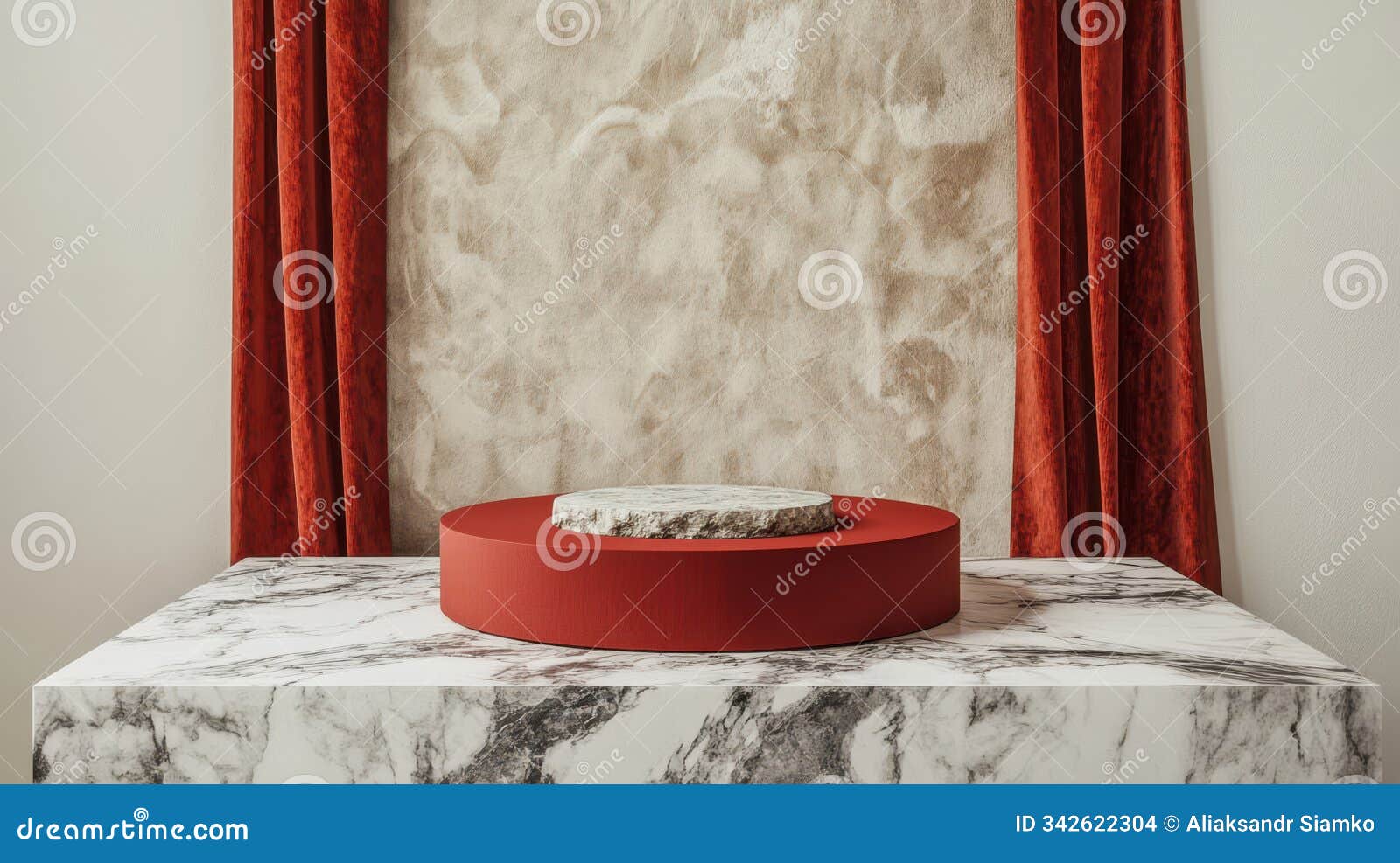 Floating Red Fabric and Stone Podium on Marble Table in Luxury Setup ...