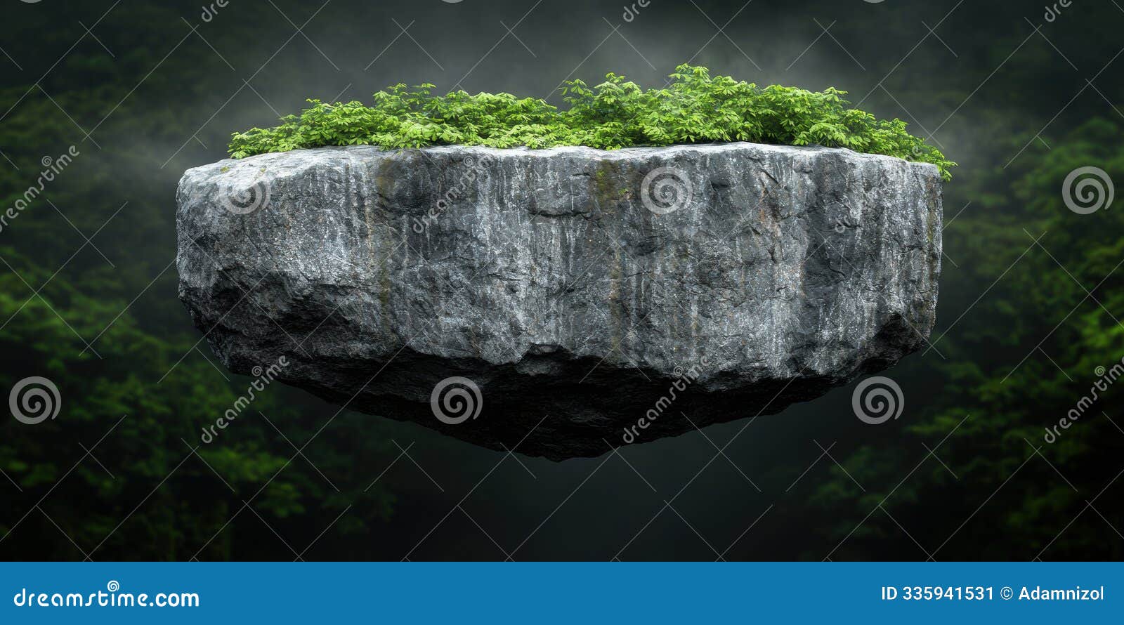 Floating Rock With Lush Greenery In A Moody Forest Stock Image ...