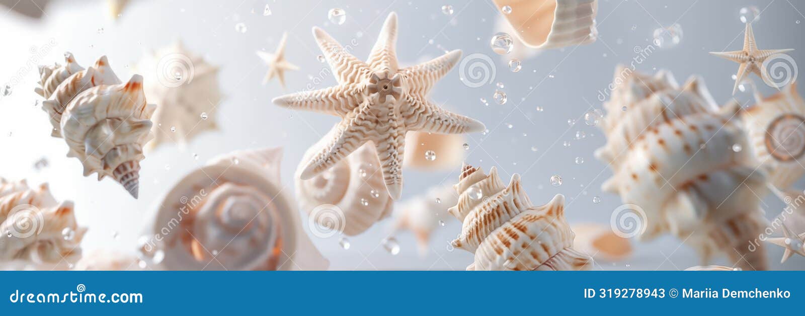 Floating Seashell and Starfish with Water Droplet in Dreamy, Light ...