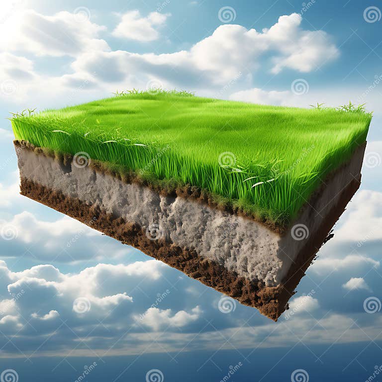 Floating Slice of Land with Green Grass Surface and Soil Section - a ...
